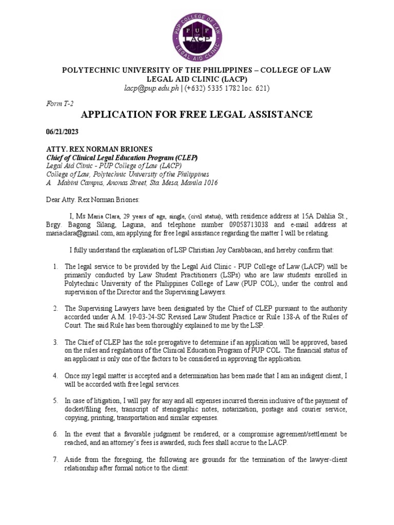Free Legal Aid Application Form | PDF | Lawyer | Lawsuit