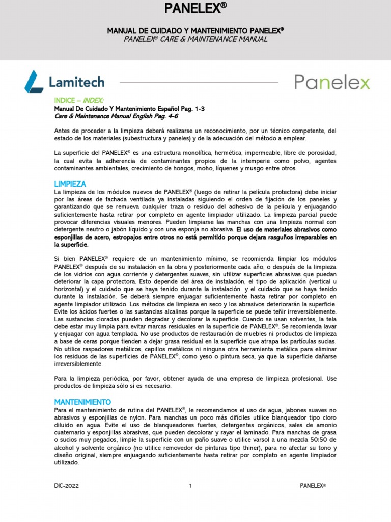 384 Panelex Manual Cuidado Mantenimiento Dic2022 | PDF | Sustancias químicas | Procesos industriales