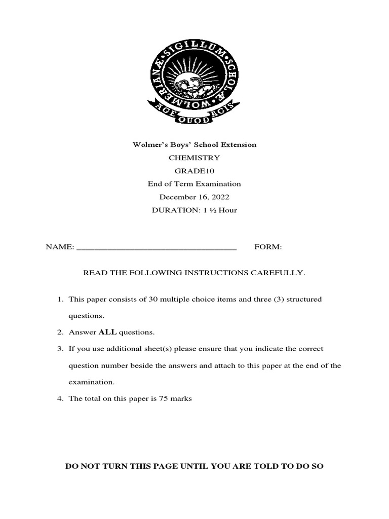 Chemistry End of Term Exam Final | PDF | Chemical Elements | Ion