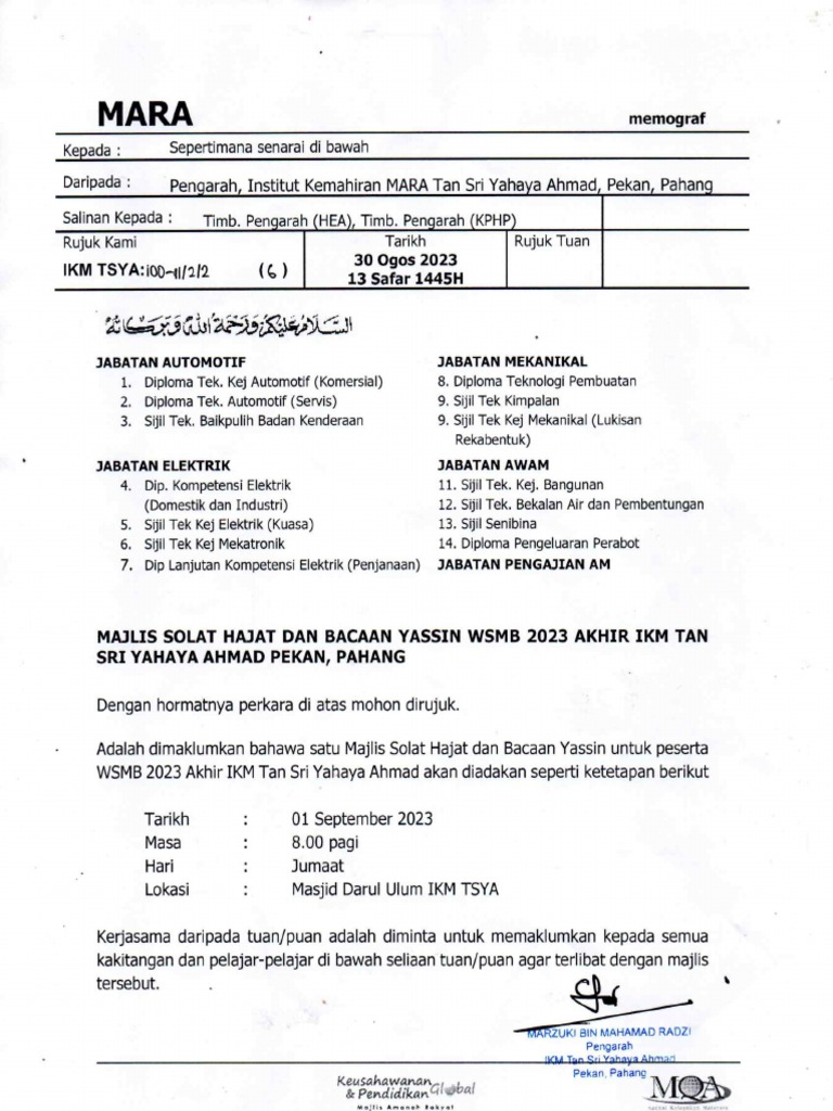 Memo Bacaan Yassin - WSMB Akhir 2023 | PDF