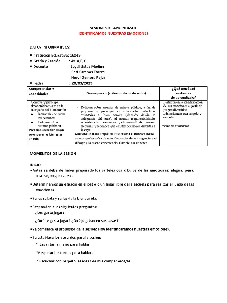SESIONES DE APRENDIZAJE. Las Emociones | PDF | Las emociones | Aprendizaje