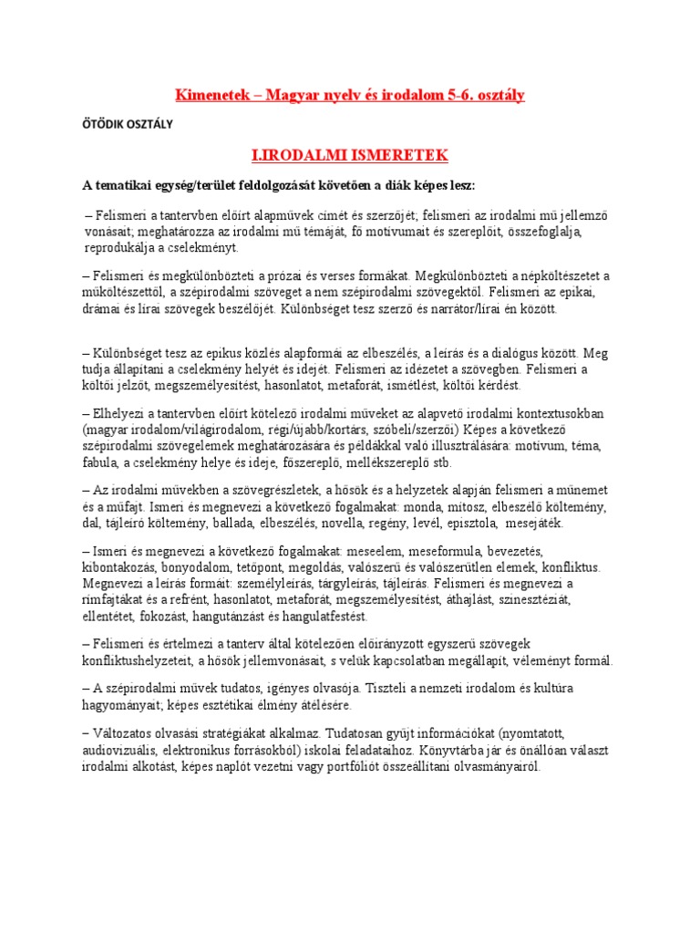 Kimenetek - Magyar Nyelv És Irodalom 5-6. Osztály | PDF