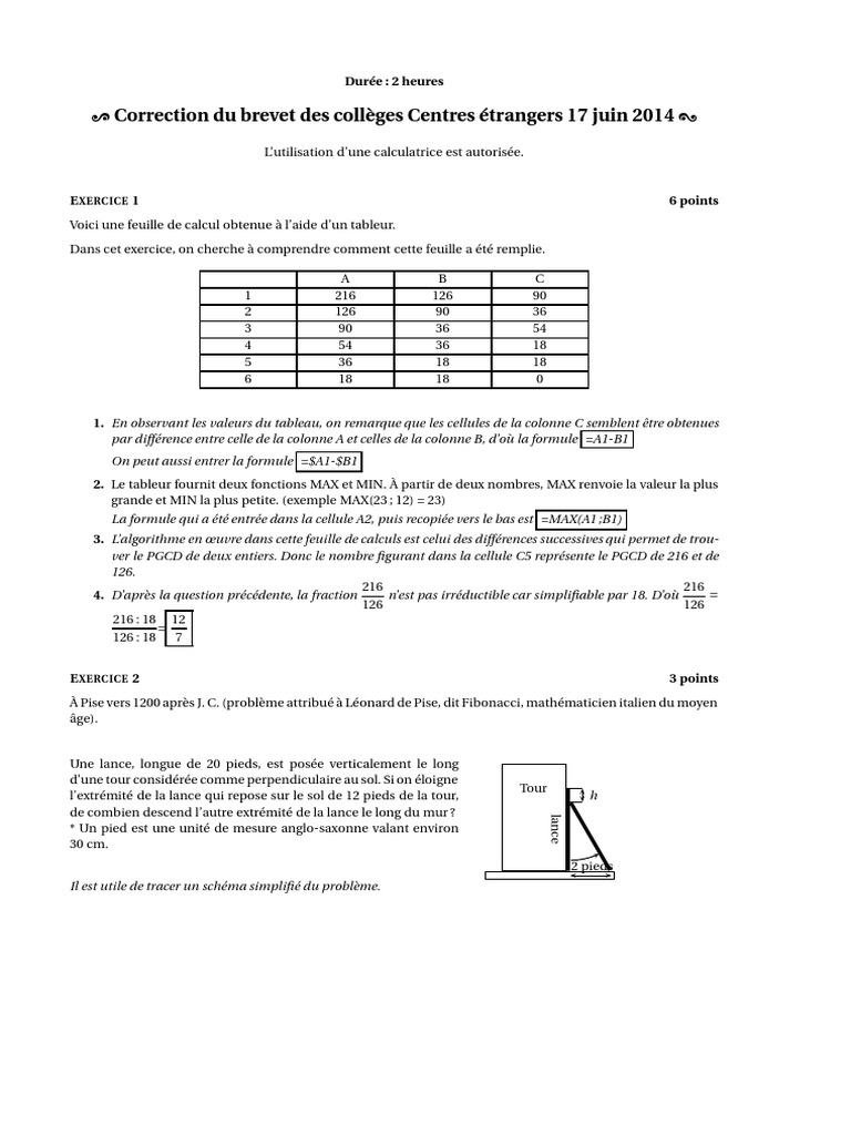Corrige Brevet College Math Etranger 2014 | PDF | Triangle | Cercle