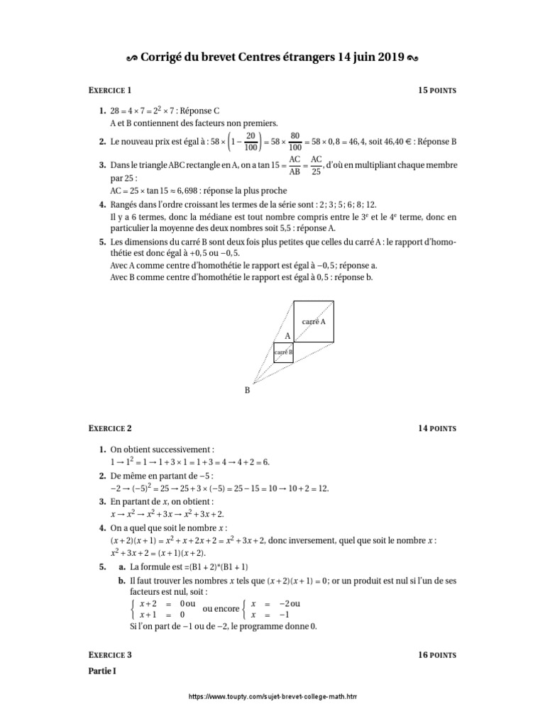 Corrige Brevet College Math Etranger 2019 | PDF