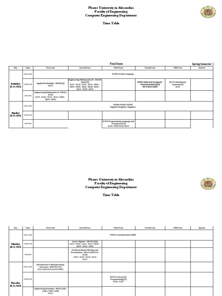 EC - Final Timetable - Spring 2020-2021 | PDF