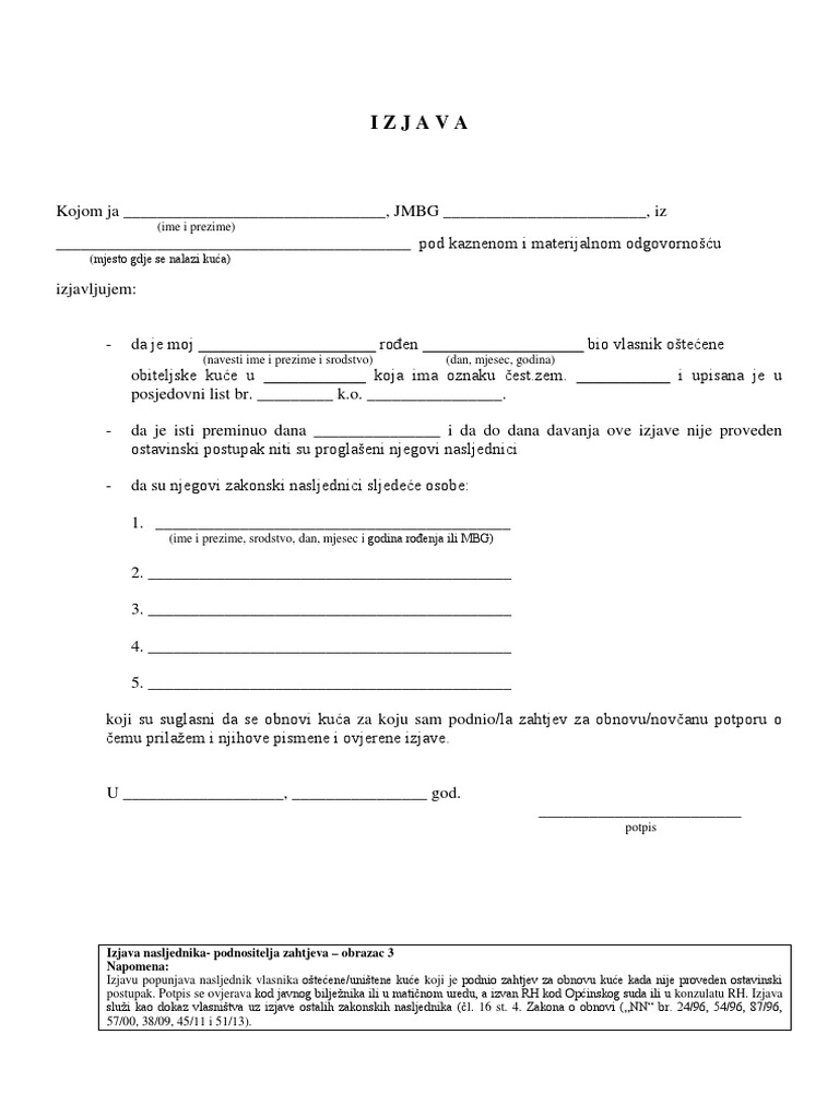 3. Obrazac Izjava Nasljednika - Podnositelja Zahtjeva | PDF