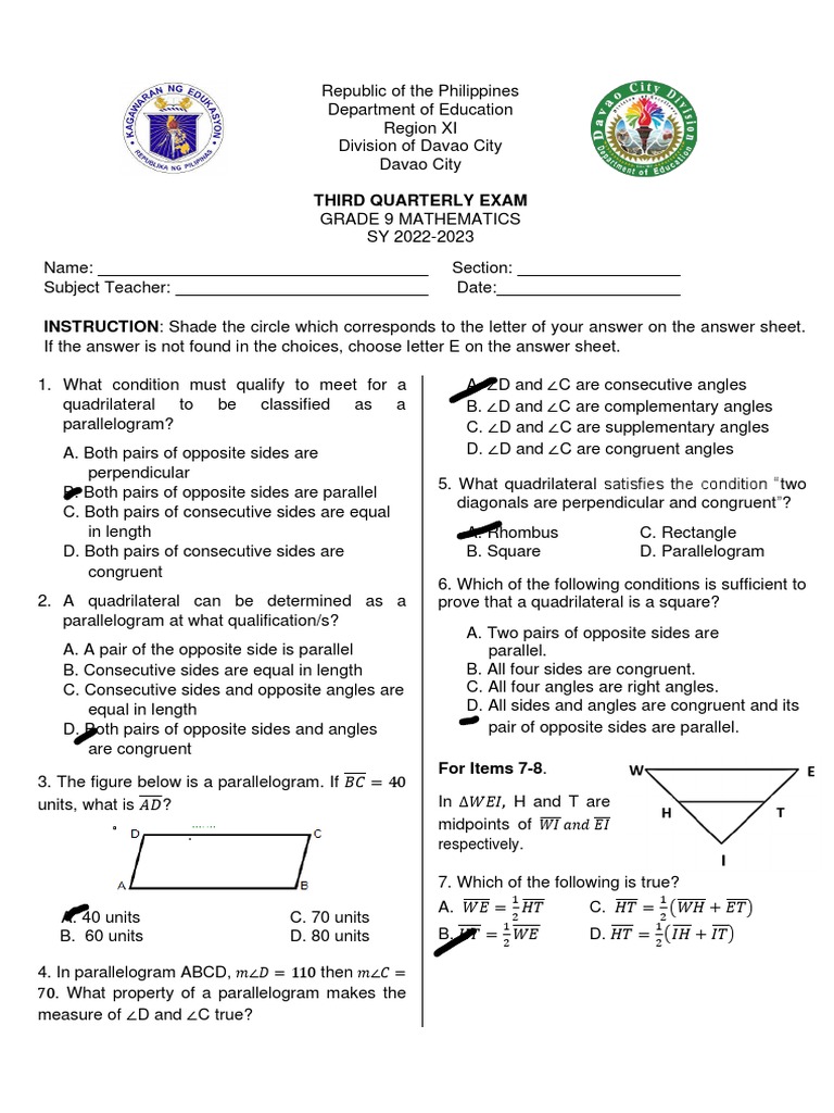 Quarterly Test - Q3 Mathematics 9 | PDF