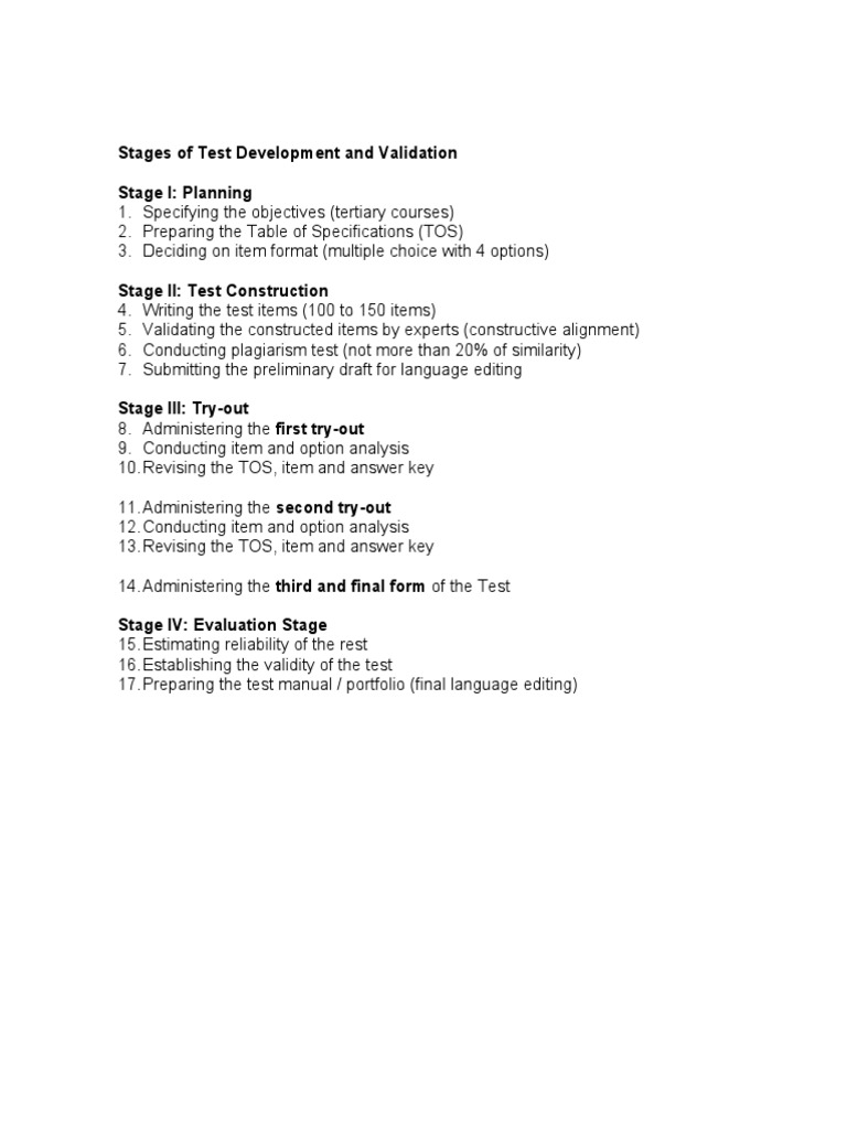 Stages of Test Development and Validation | PDF
