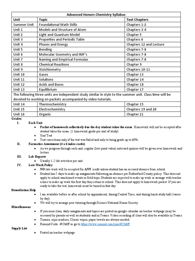 Advanced Honors Chemistry Syllabus 2023 | PDF | Chemistry | Applied And ...