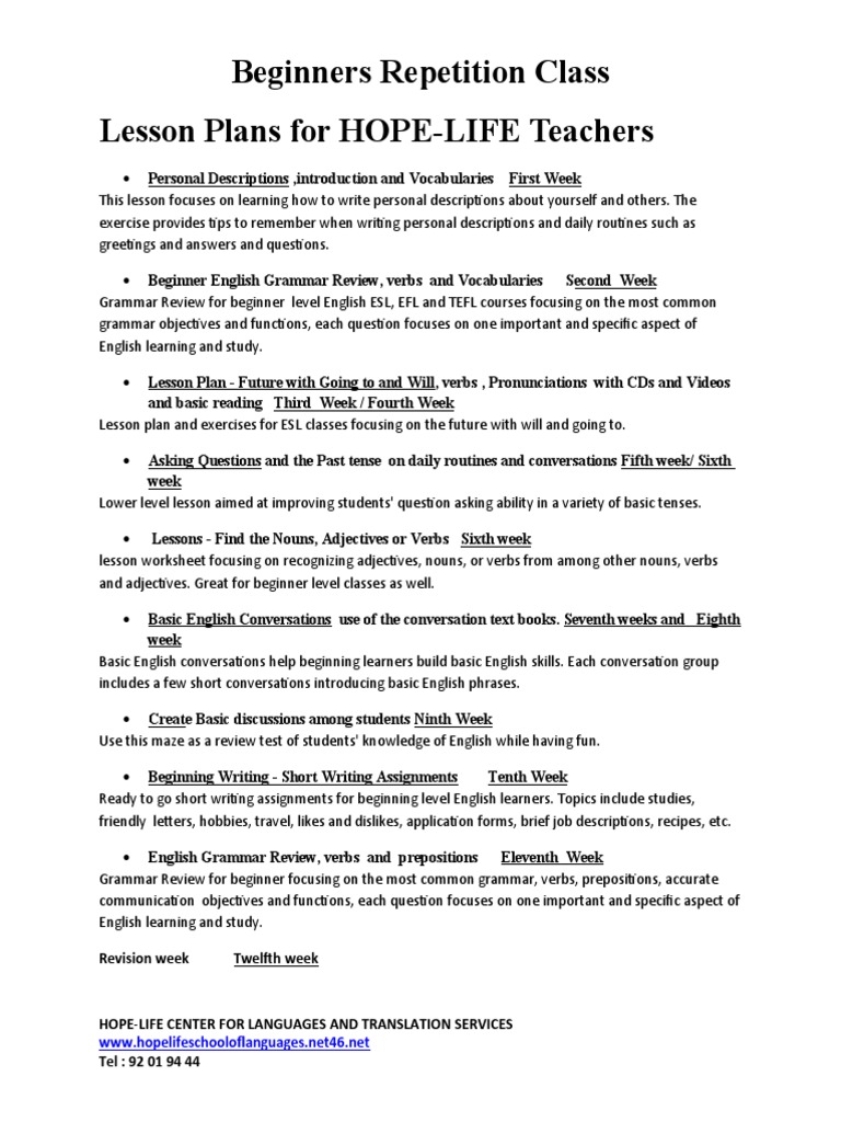 Beginner English Lesson Plans | PDF | English Language | English As A ...
