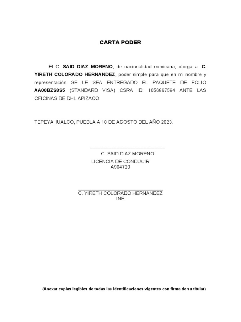 Carta Poder para Recoger Paquete DHL | PDF