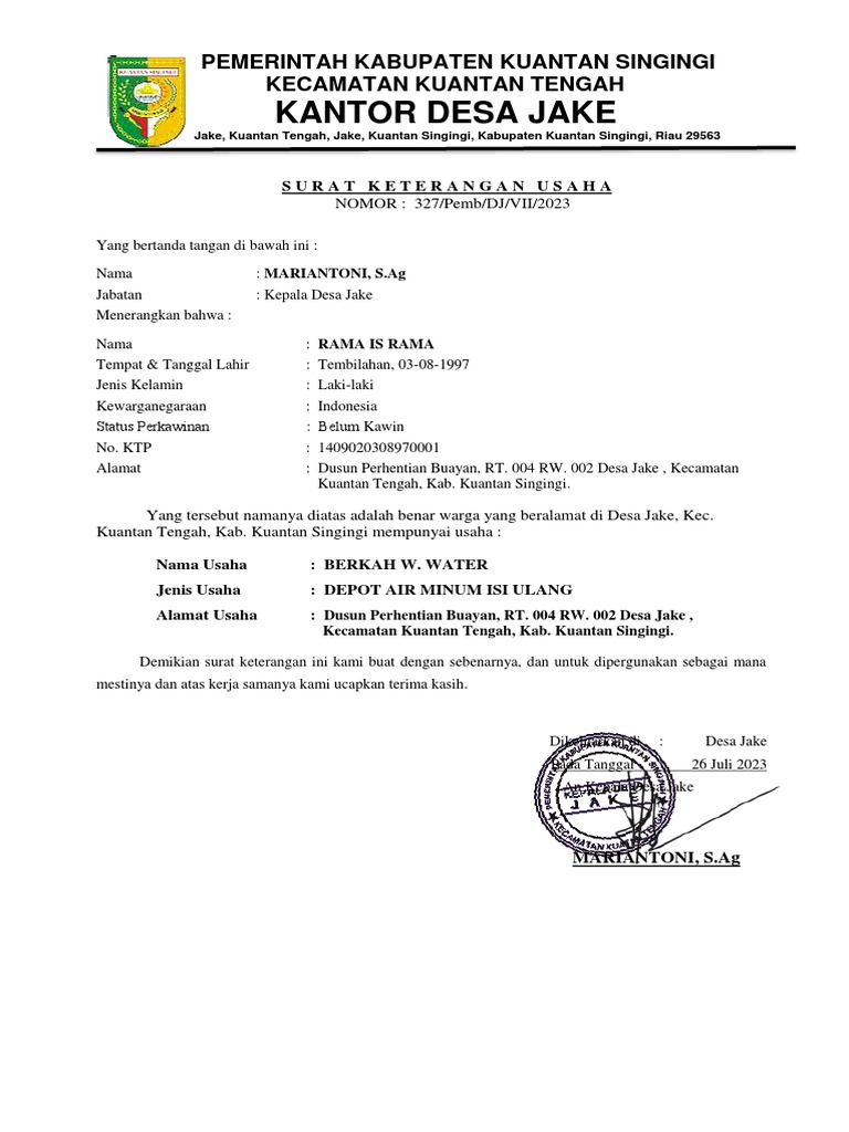 Surat Keterangan Usaha Depot Air Jake | PDF