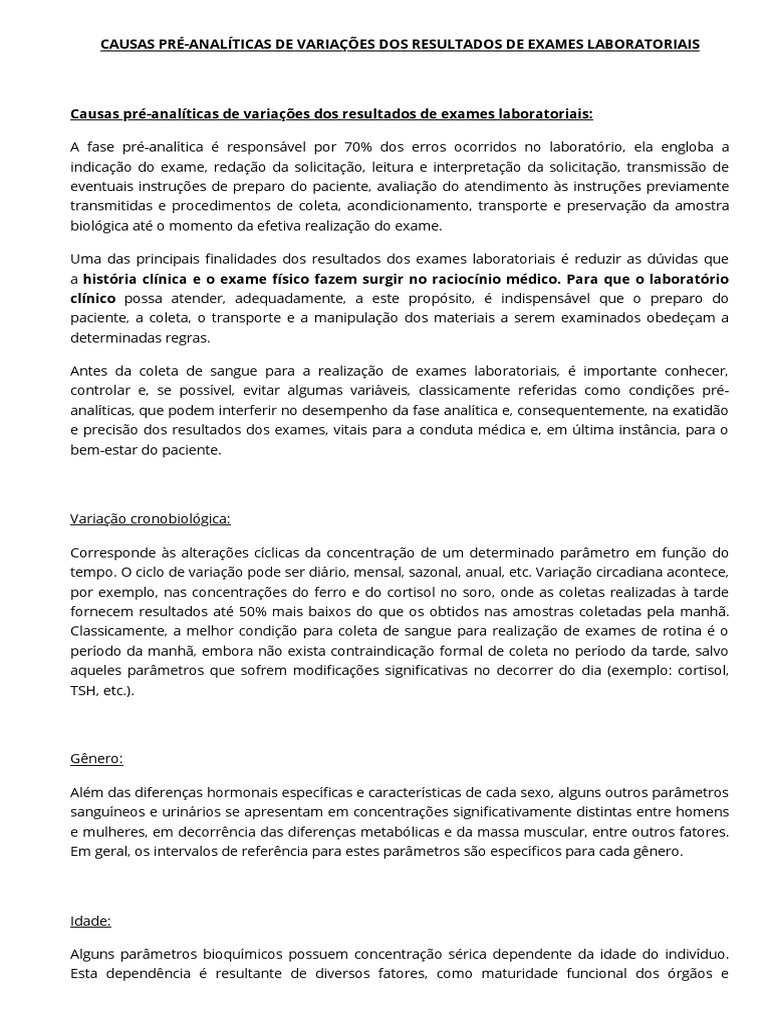 Variações Pré-Analíticas em Exames Lab. | PDF | Sangue | Hemácia