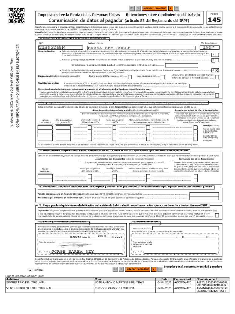 Modelo 145 | Descargar gratis PDF | Invalidez | Impuestos