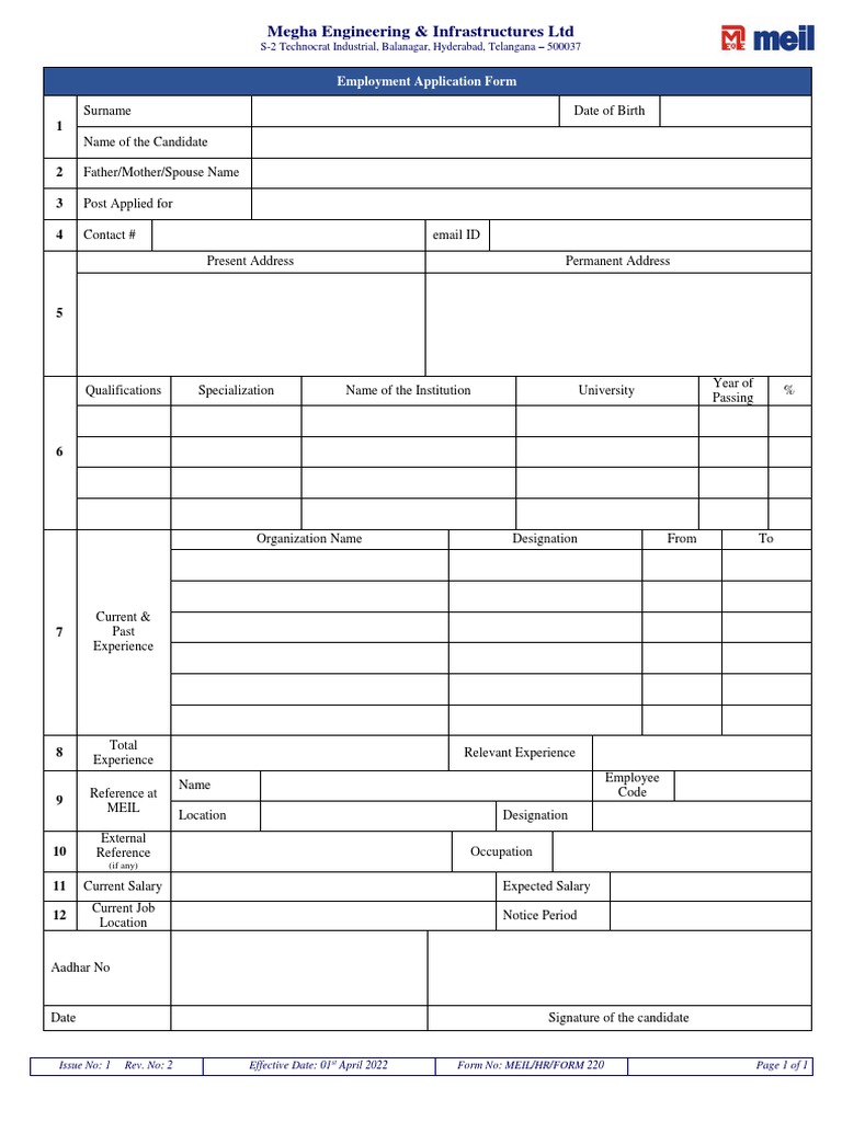MEIL Employment Application Form - Rev - 2-2-1-1-1 | PDF | Employment ...