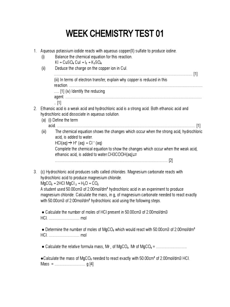 Chemistry Test: Reactions and Calculations | PDF | Acid | Hydrochloric Acid