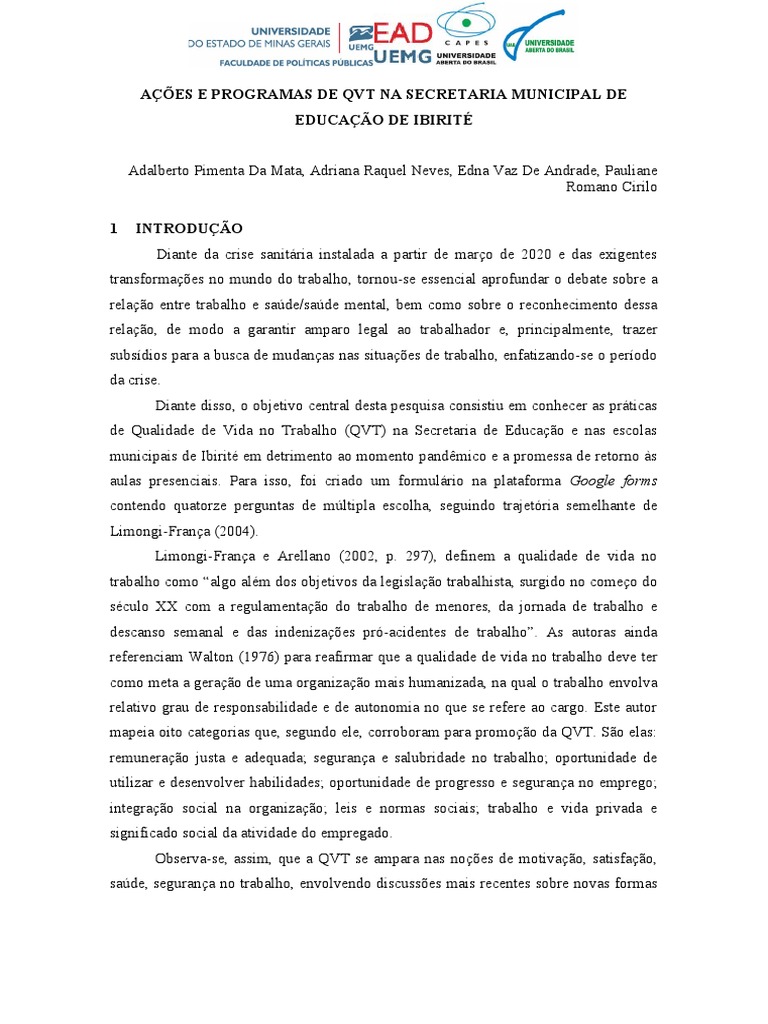 Ações e Programas de QVT Na Secretaria Municipal de Educação de Ibirité ...