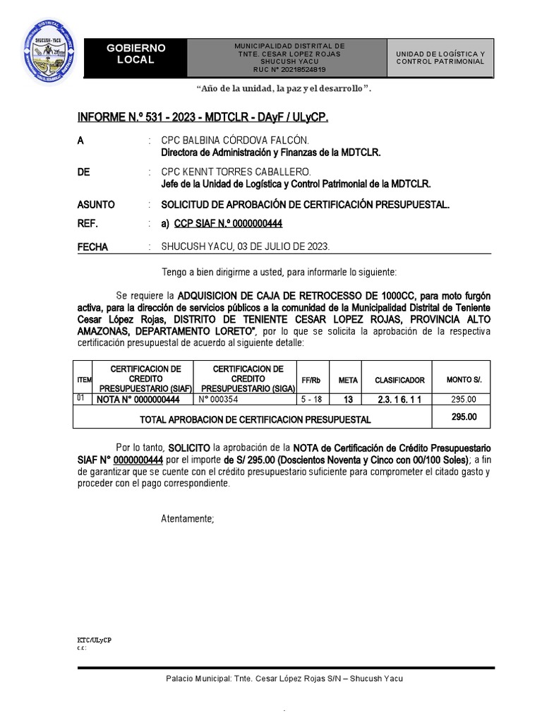 Informe #531-2023-Solic de Aprob de Cert Ptal-Adq de Caja Deretroceso Motofurgon - DSPC - Arca ...
