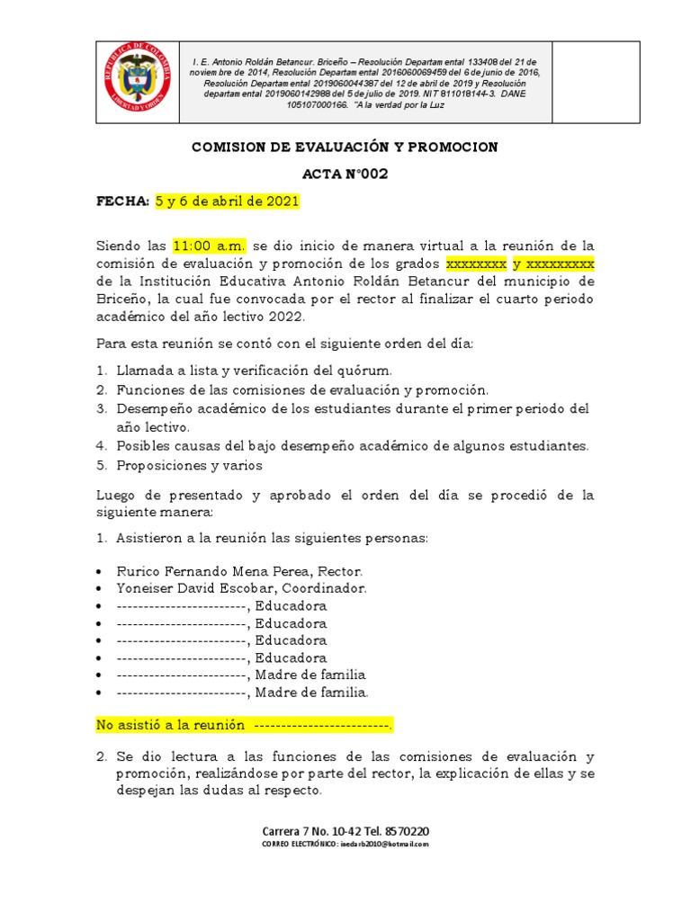 Modelo Acta Comisiones de Evaluacion | PDF | Crecimiento personal y profesional