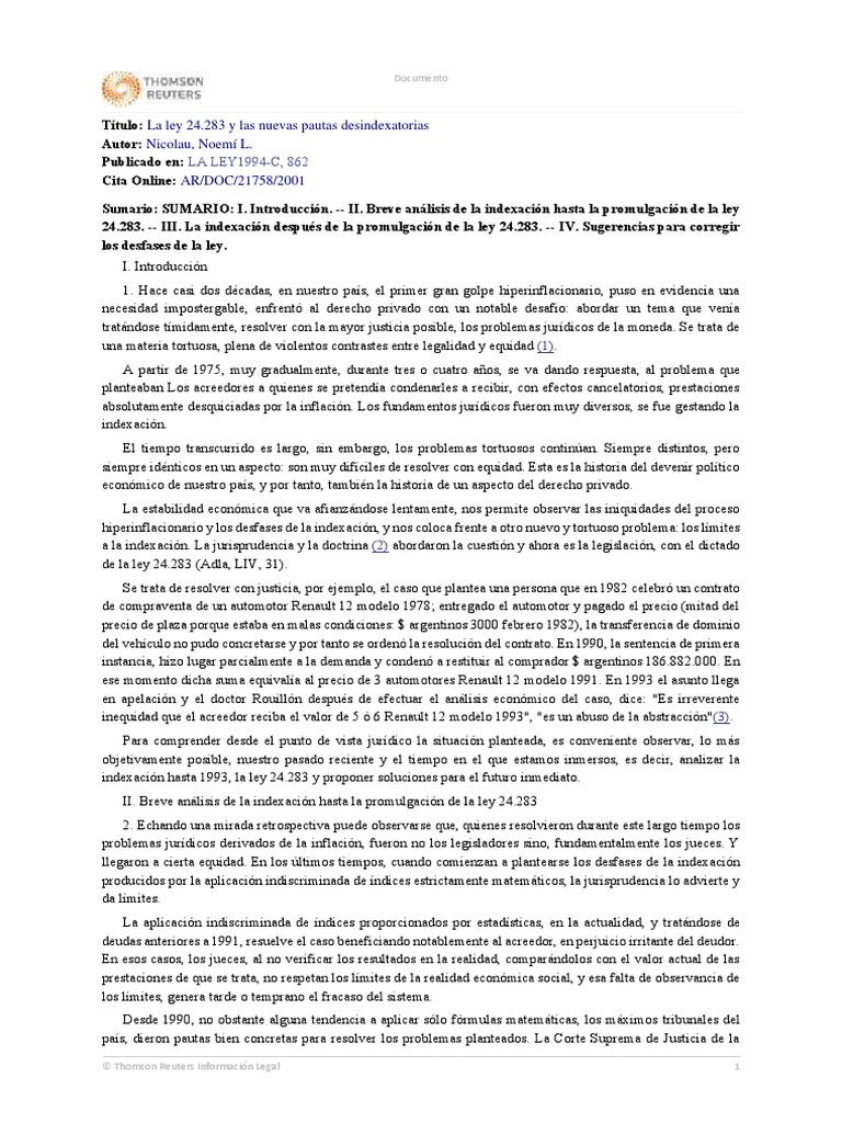 La Ley 24.283 y Las Nuevas Pautas Desindexatorias Autor Nicolau, Noemí ...