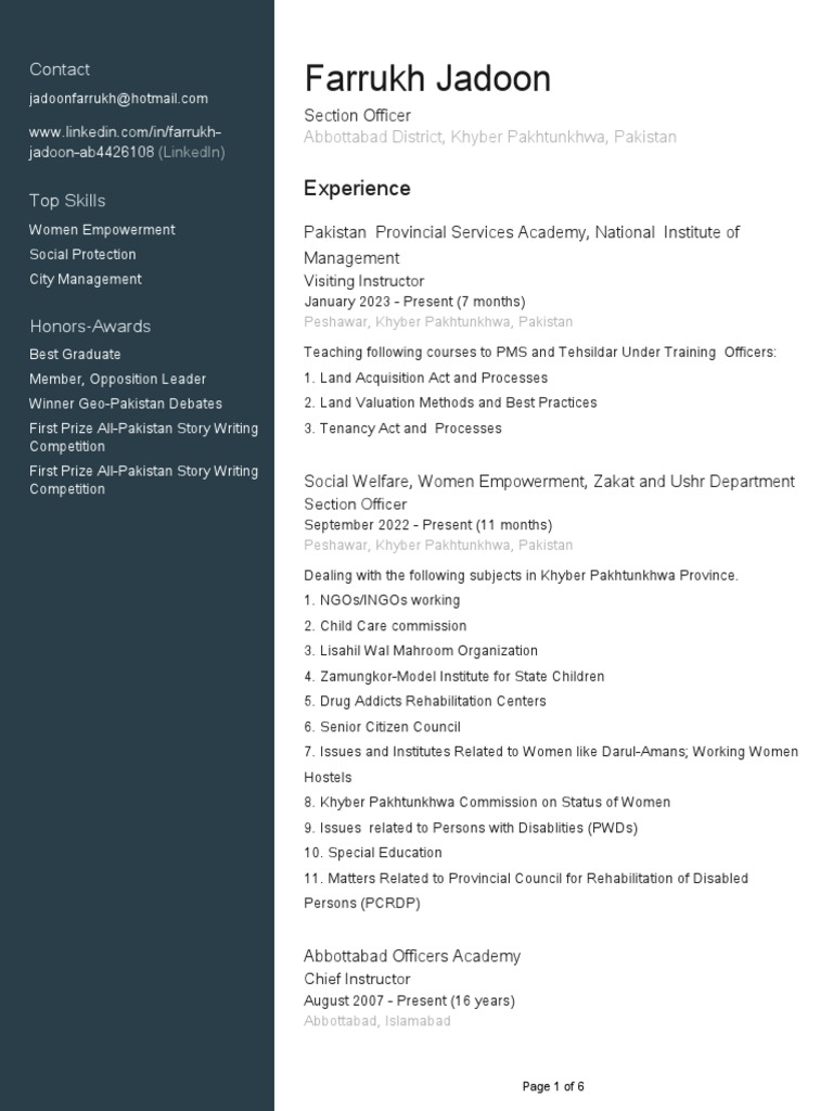 Farrukh Jadoon Profile 4 July 2023 | PDF | Khyber Pakhtunkhwa