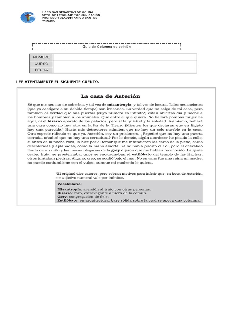 Guia Cuento Asterion | PDF