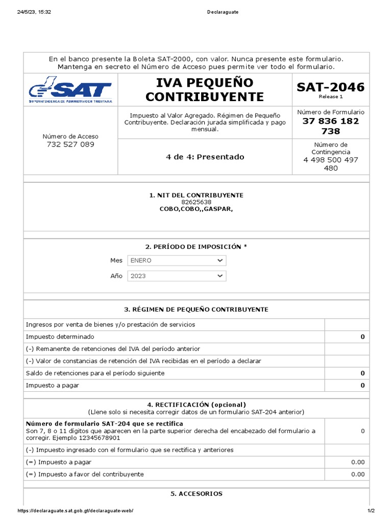 Declaración IVA Pequeño Contribuyente SAT-2046 | PDF | Impuesto al ...