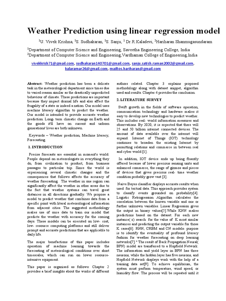 Paper 8-Weather Prediction Using Linear Regression Model-Bnmit IITCEE ICCCI - Conference-1 | PDF ...