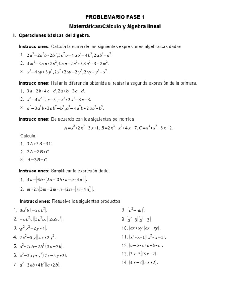 Problemario Fase 1 Matematicas Calculo y Algebra Lineal 2022 | PDF | Álgebra abstracta | Aritmética