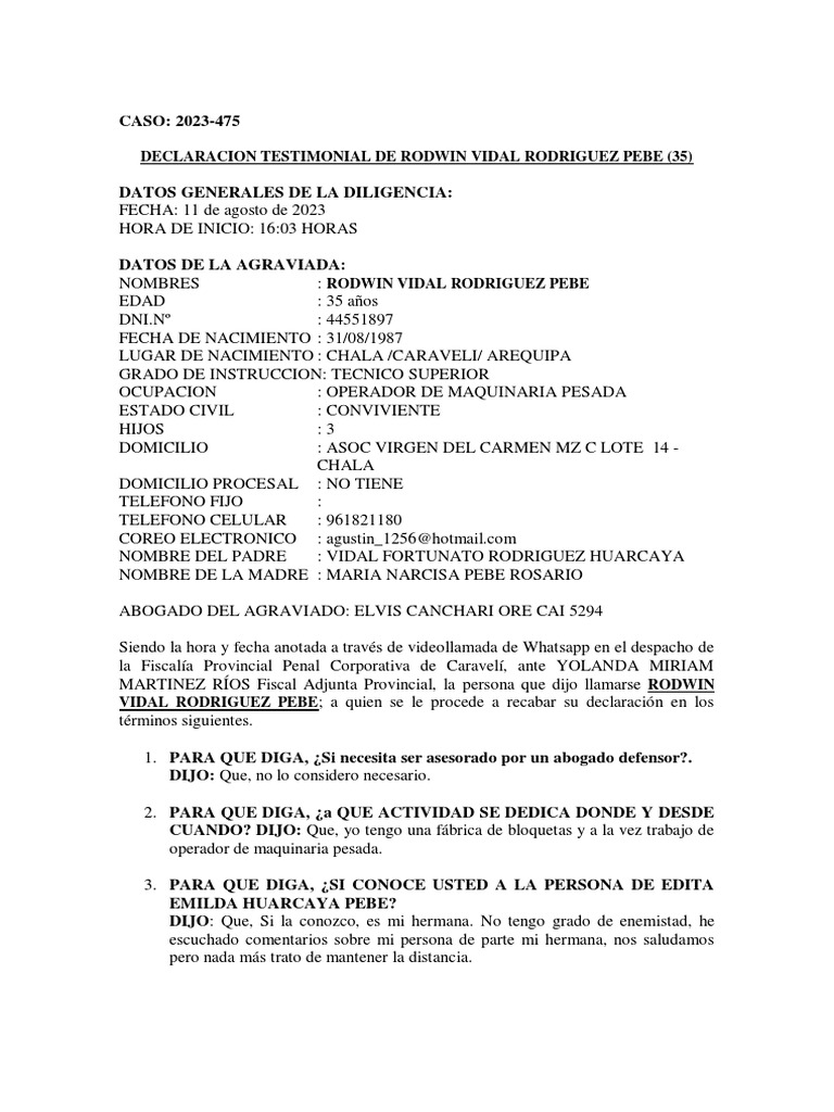 Declaración de Rodwin Vidal Rodríguez Pebe | PDF