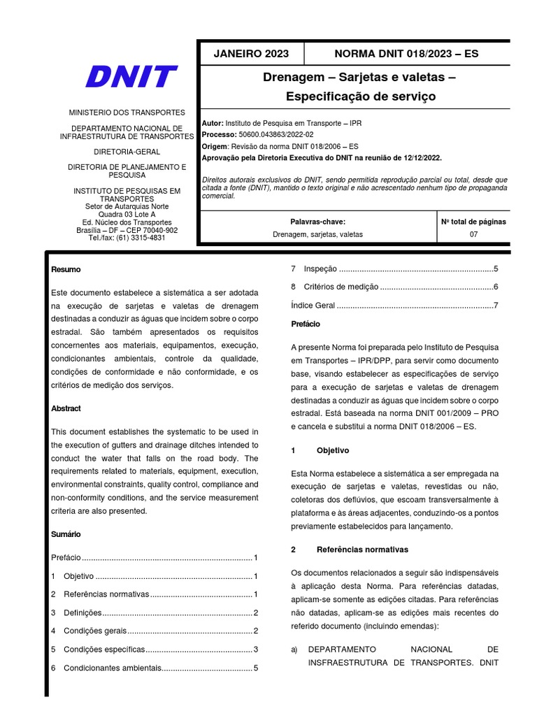 Normas DNIT para Drenagem de Sarjetas | PDF | Concreto | Erosão