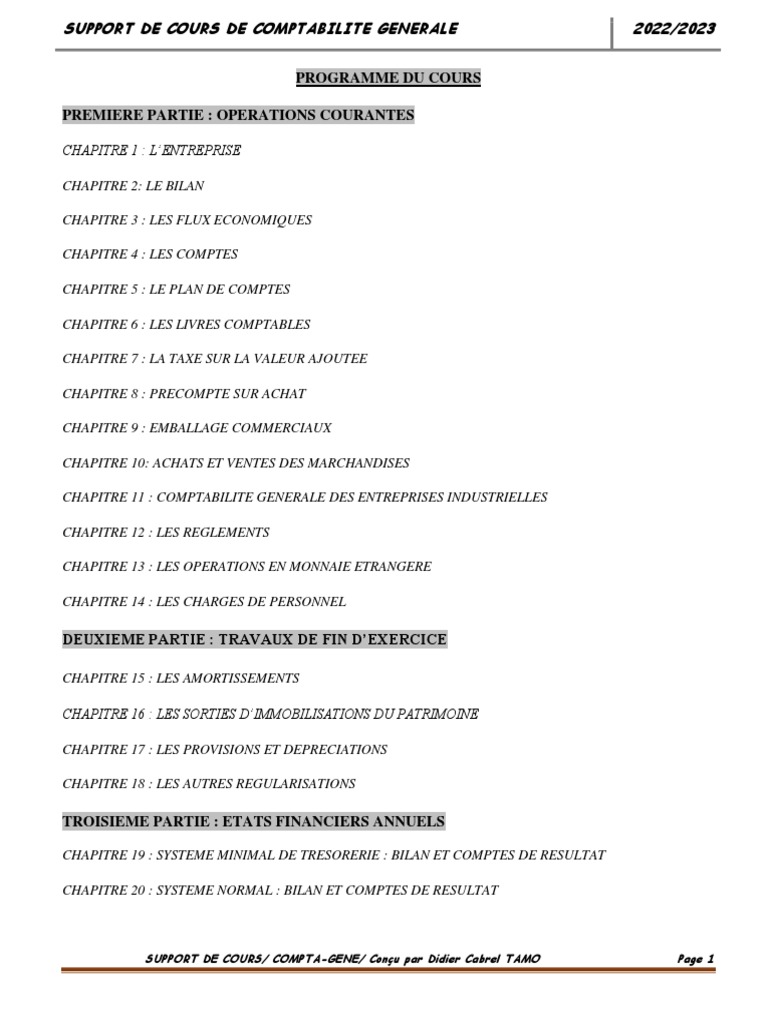 Cours de Comptabilite Generale | PDF | Comptabilité | Bilan comptable