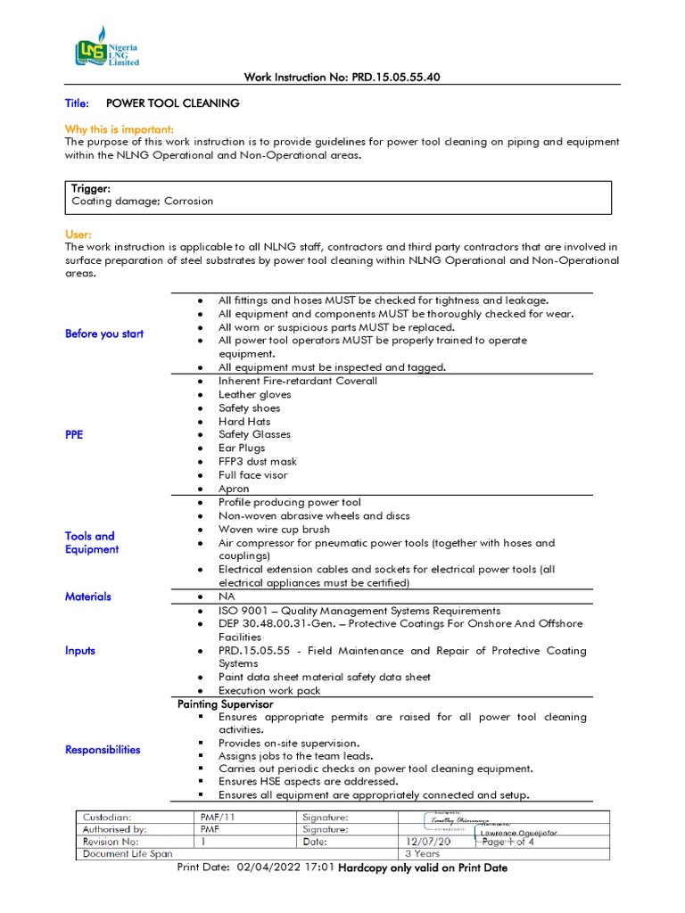 Power Tool Cleaning Work Instruction | PDF | Equipment | Materials