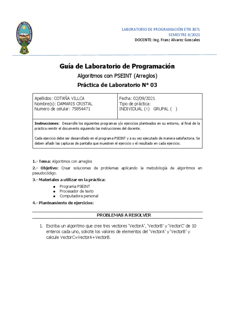 Algoritmos en PSEINT: Arreglos y Ejercicios | PDF | Algoritmos ...