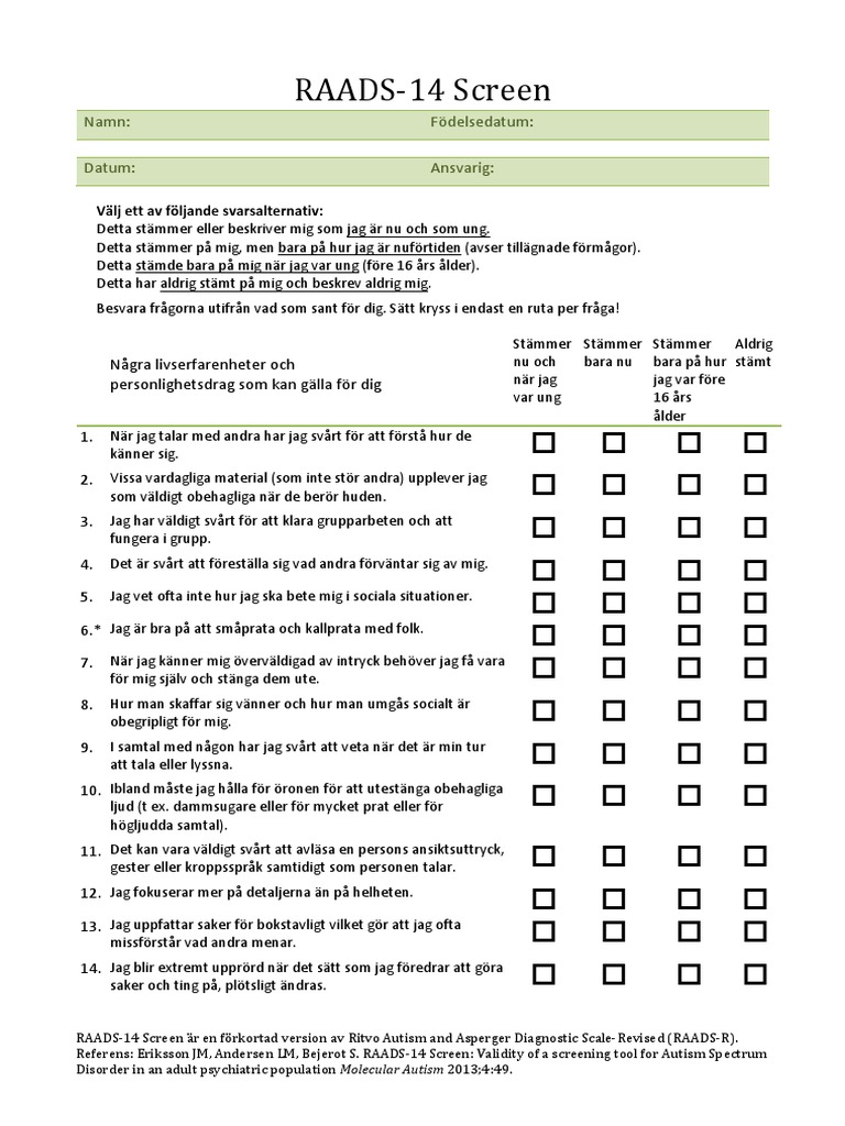 RAADS 14 Screen Svensk Med Rattningsmall | PDF