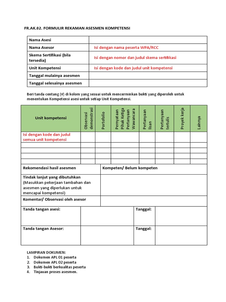 FR - AK 02 Formulir Rekaman Asesmen Kompetensi | PDF