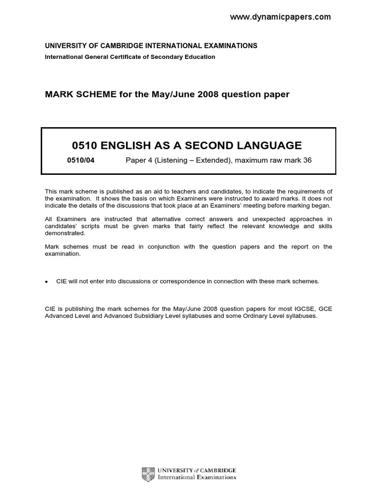 0510 English As A Second Language: MARK SCHEME For The May/June 2008 ...