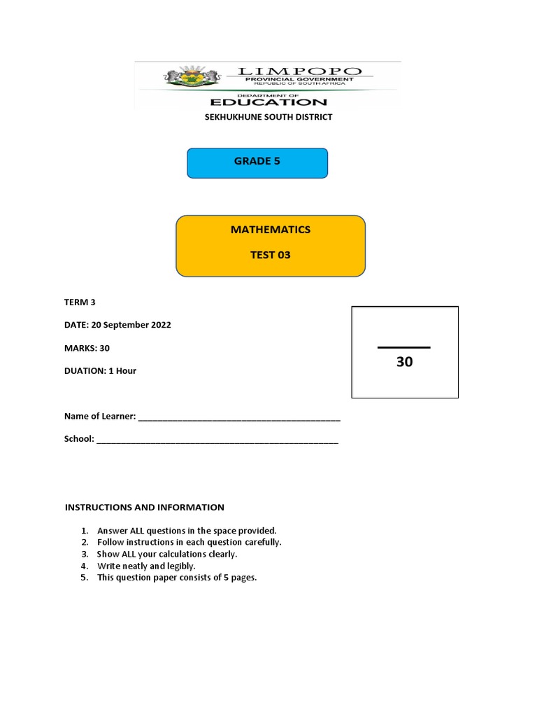 Grade 5 Term 3 Maths Test | Download Free PDF | Mathematics | Science