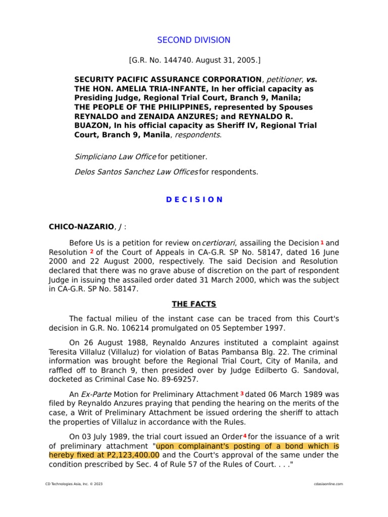 Security Pacific Assurance Corp. vs. RTC, G.R. No. 14470, 31 August ...