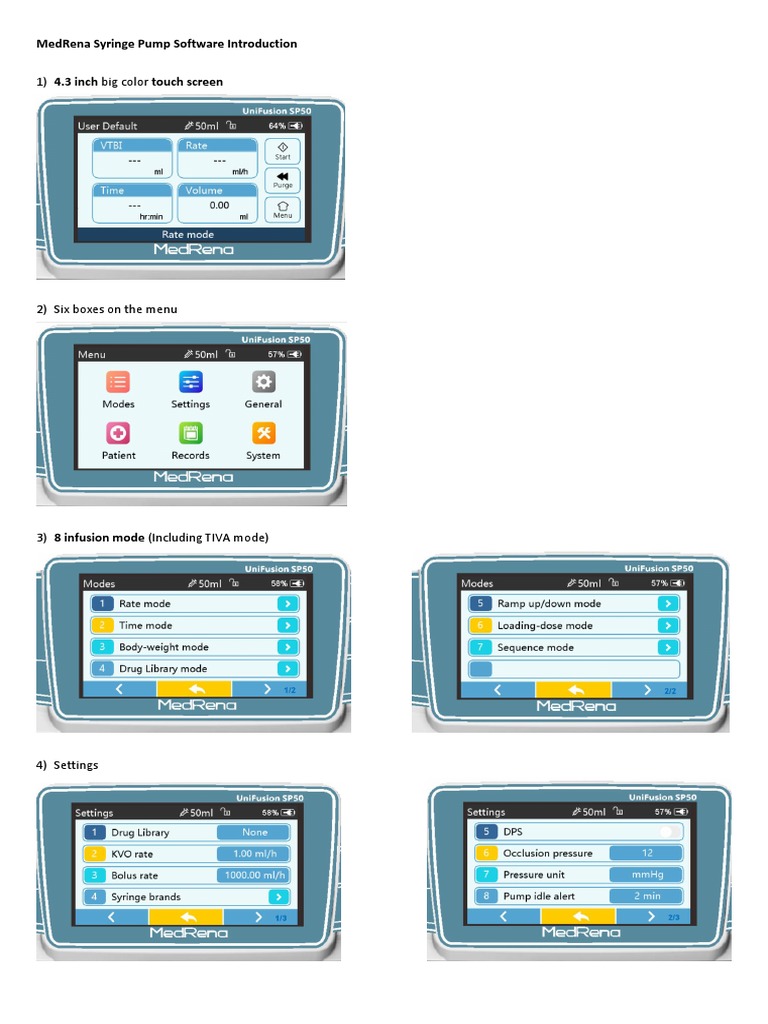 MedRena Syringe Pump Software Interface and Pump Highlights | PDF