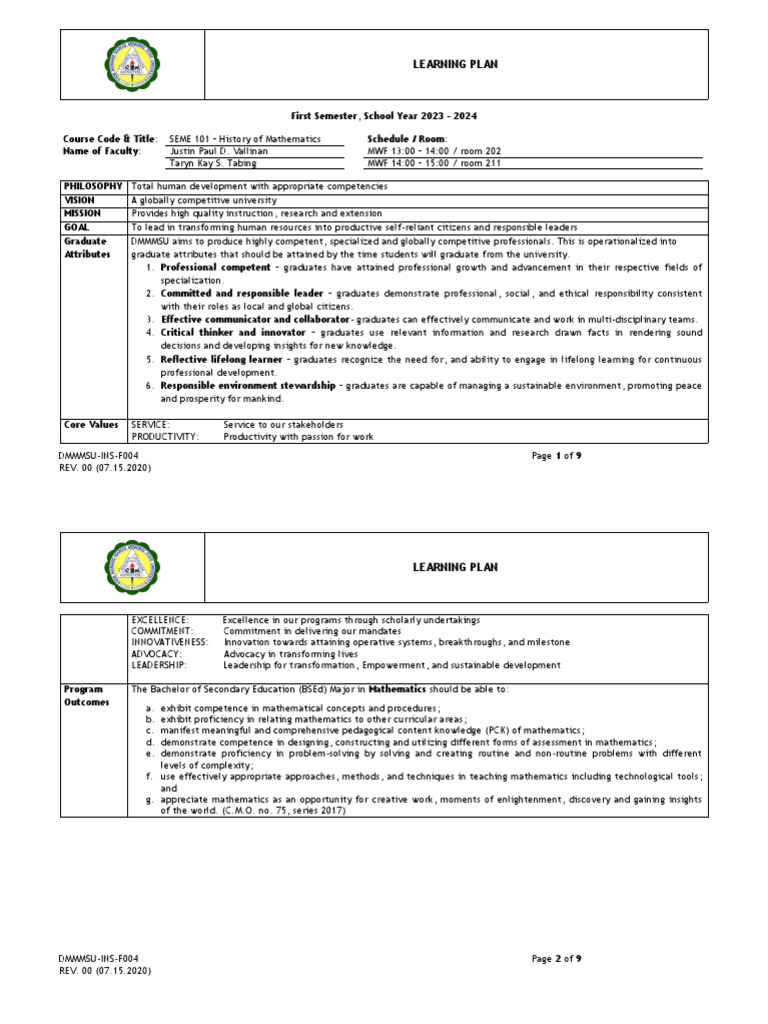 SEME-101-LEARNING-PLAN (Revised) | PDF