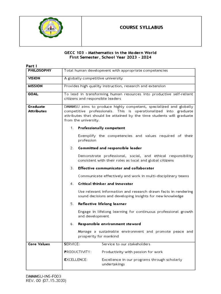 Gecc-103-Syllabus | PDF | Mathematics | Learning