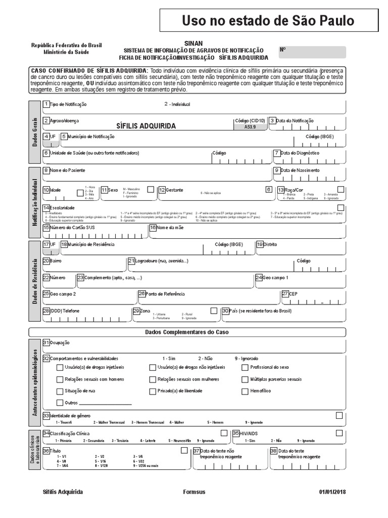 Ficha Sifilis Adquirida Preenchivel | PDF | Transtornos genitais masculinos | Especialidades médicas