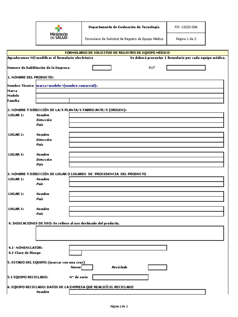 Formulario de Solicitud de Registro de Equipo Médico | PDF