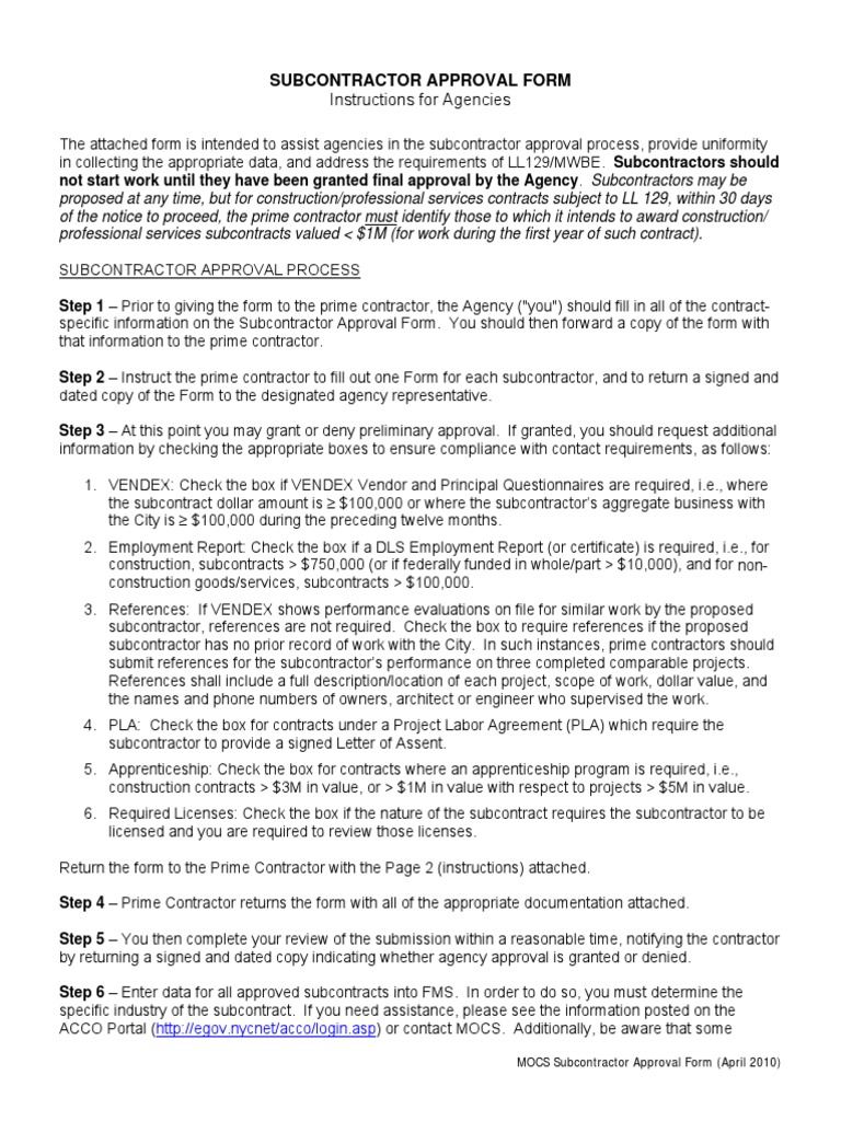 Subcontractor Approval Form | PDF | General Contractor | Subcontractor