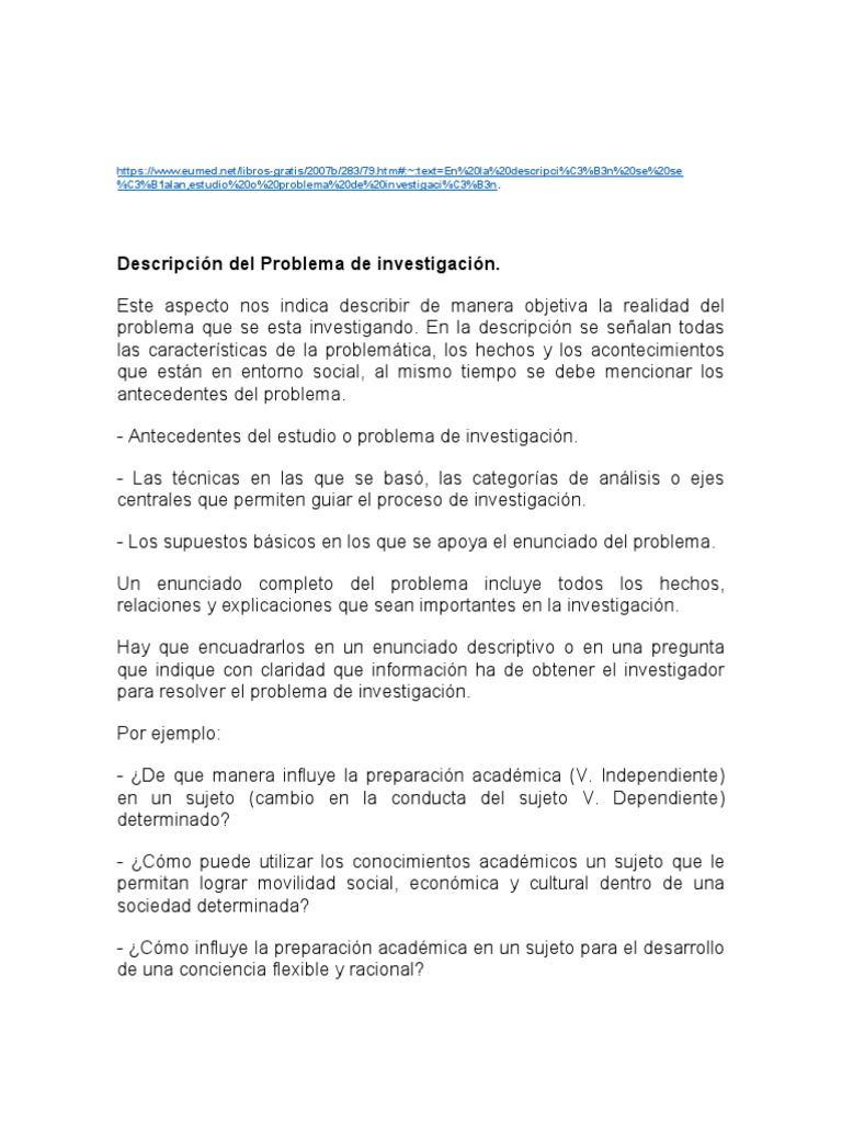 Descripción Del Problema de Investigación. | PDF | Conocimiento | Cognición