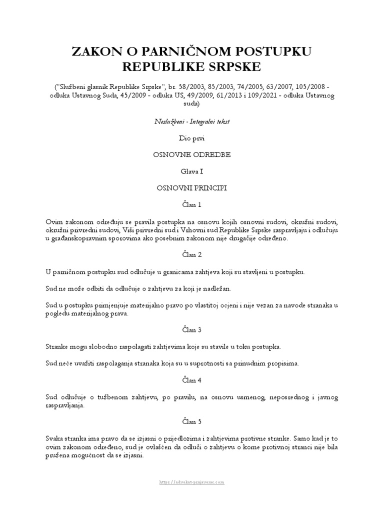 Zakon o Parnicnom Postupku RS Integral | PDF