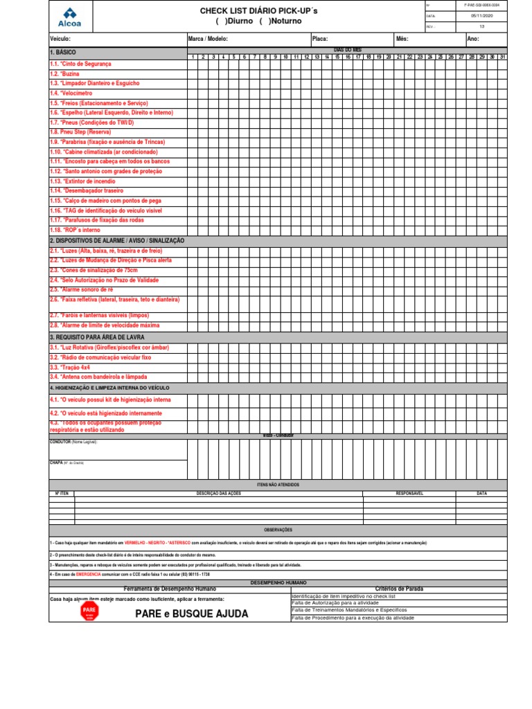 Check-list Diário de Veículos Pick-Up | PDF