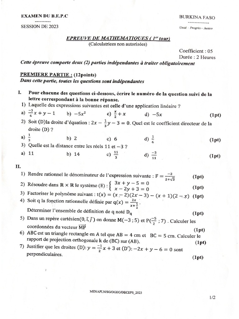 Math Bepc 2023 | PDF