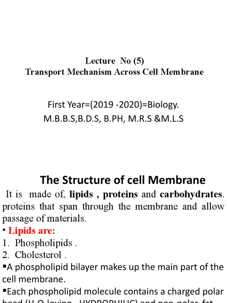 Lecture 5 - Transport Mechanism Across Cell Membrane | PDF